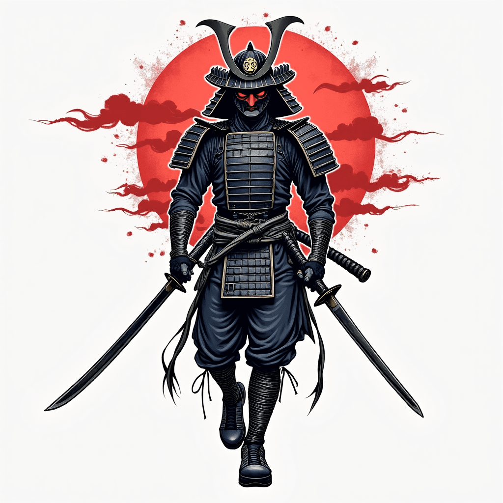 Samurai warrior with katana in flowing | Japanese Tatouage